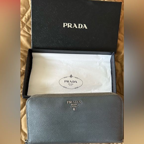Bags | Prada Gray Saffiano Long Zippy Wallet | Poshmark